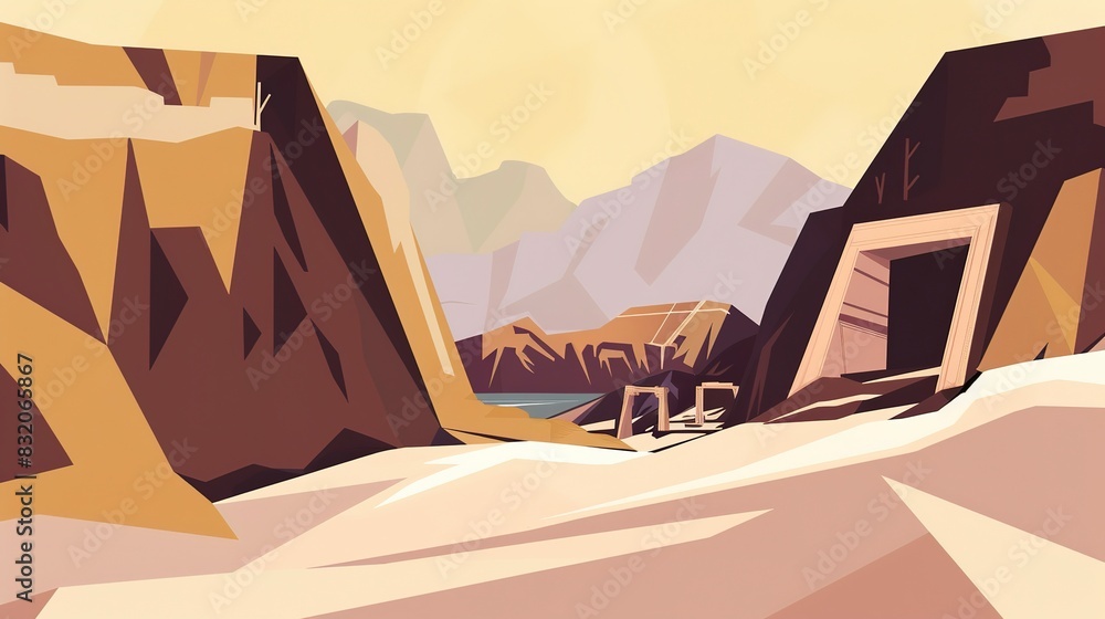 Archaeological sites in peaks artwork flat design front view excavation ...