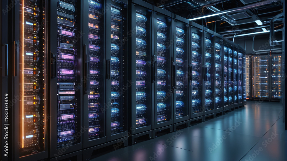 Rows of glowing quantum processing units in supercooled server room ...