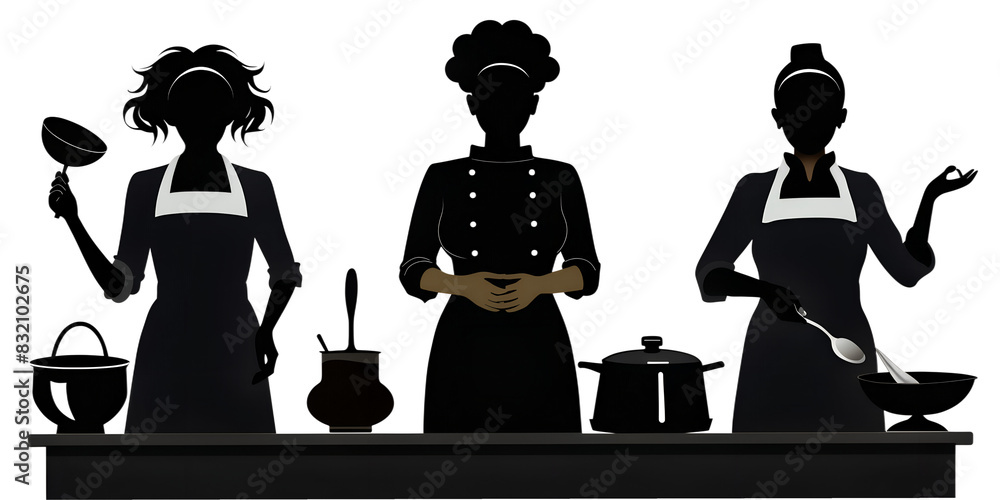clip art of set black silhouetts of the women cooks prepare food in the ...