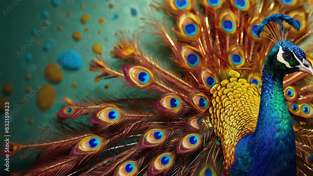 brightly colored peacock is fanning out its tail feathers, which have ...
