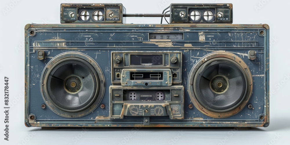 Retro boombox with dual cassette decks and speakers, isolated white background, high detail ...