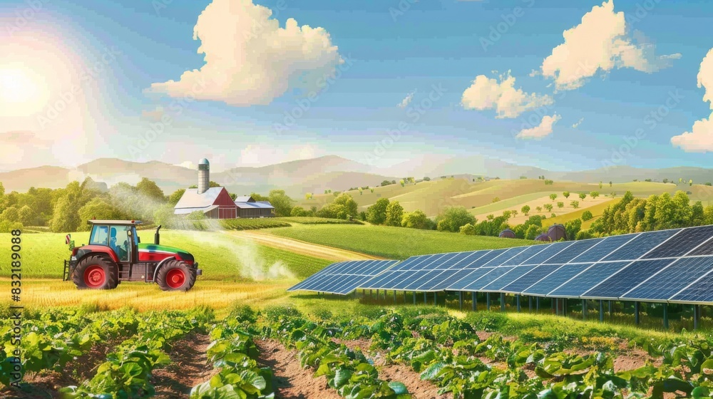 A solar-powered farm with panels providing energy to modern ...