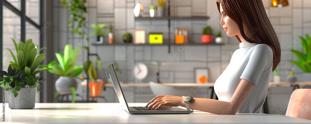 3D woman character typing on a laptop, with an office background ...