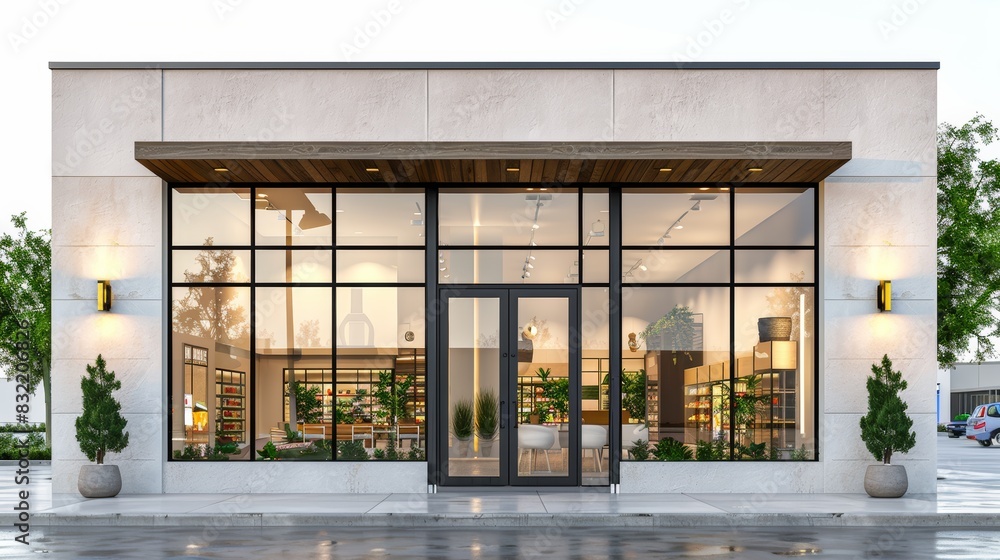 Downtown retail space with large storefront windows, isolated white ...