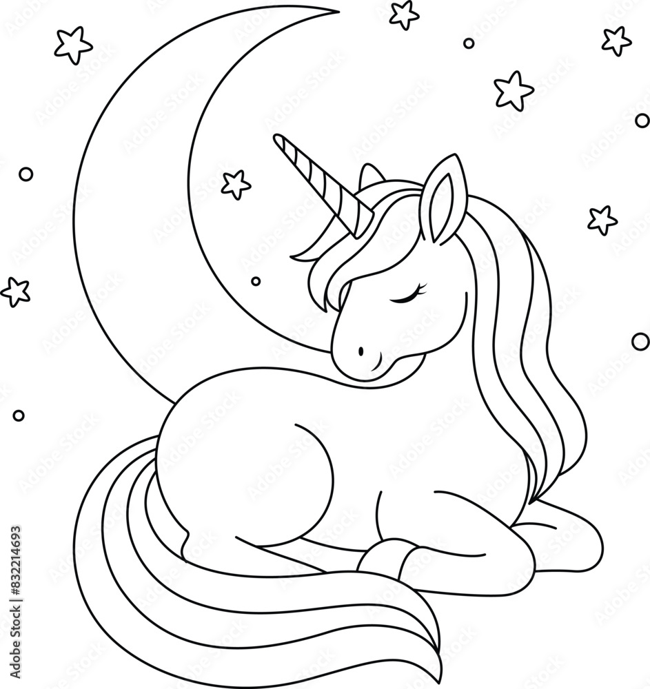 Cute kawaii unicorn is sleeping coloring page for kids. Animal outline ...