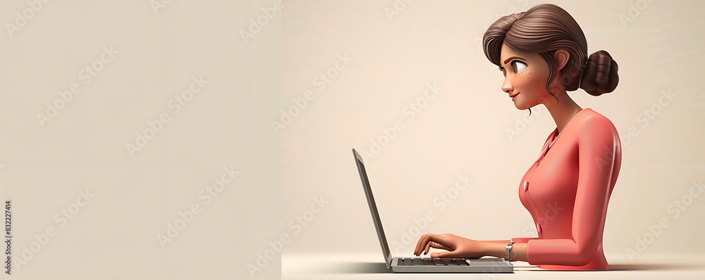 3D woman character using her laptop, with a plain ivory background ...