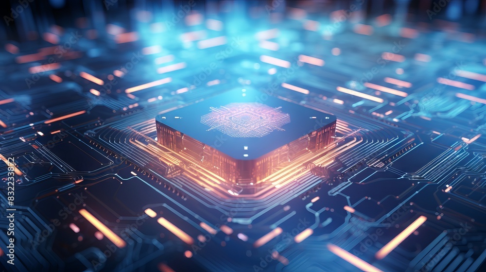 Quantum computing technology: close-up of optical cpu processing light signals with glowing ...