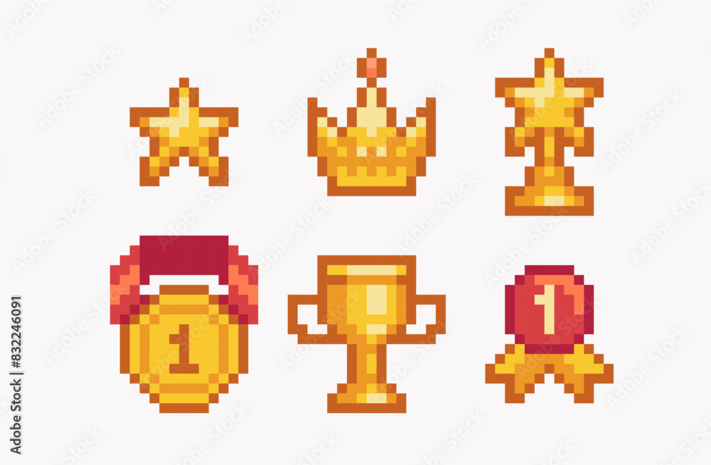 Winner cups, trophy pixel art set. Achievement reward, first place ...