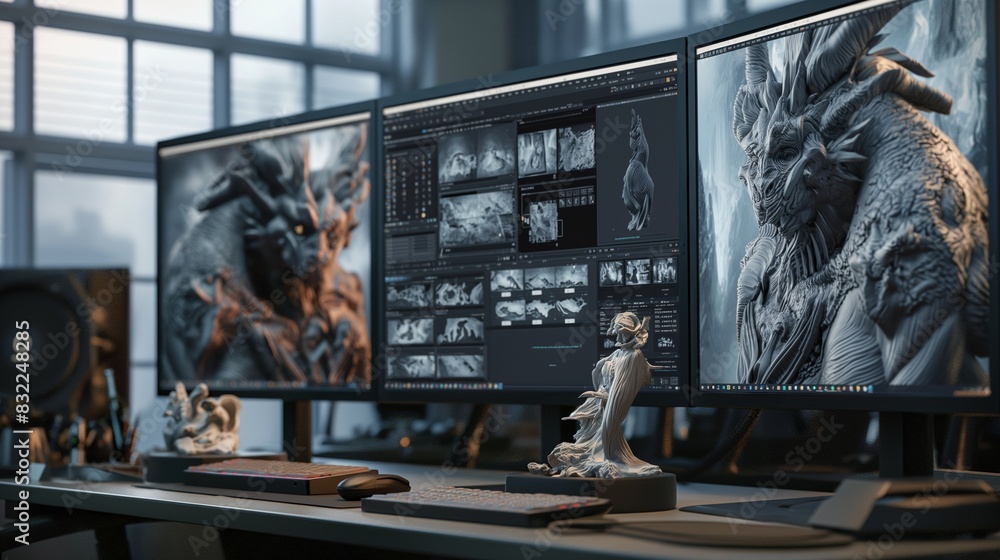 A high-tech digital sculpting workstation with multiple monitors ...