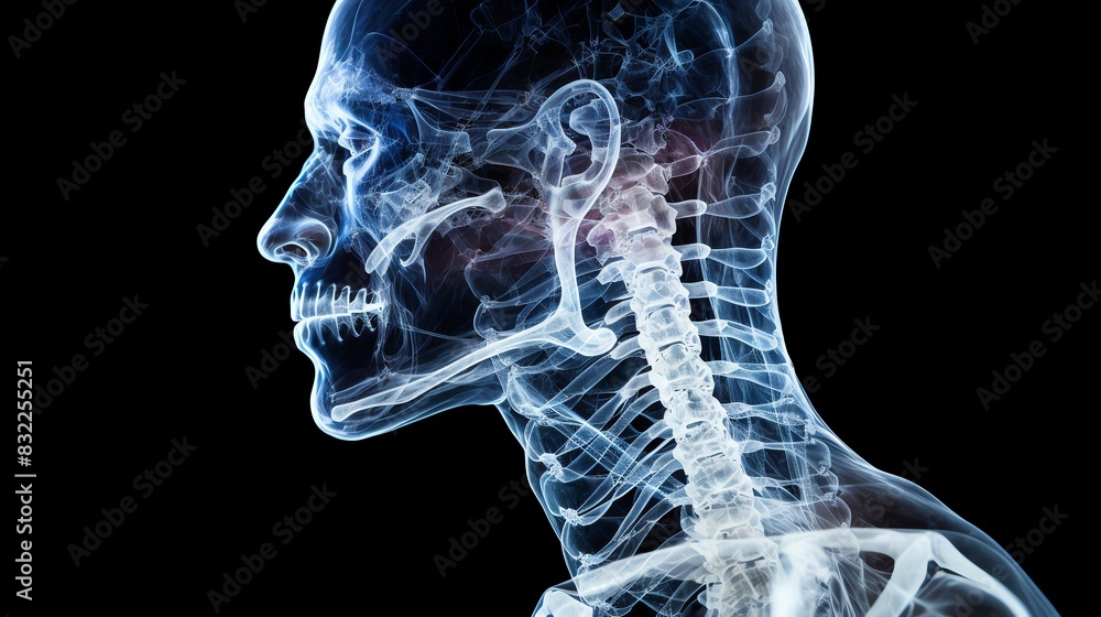Side view of a human head and neck X-ray showing detailed skeletal ...