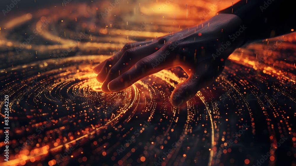 Hand touching a spinning data flow, data flow processing visualization background Stock ...