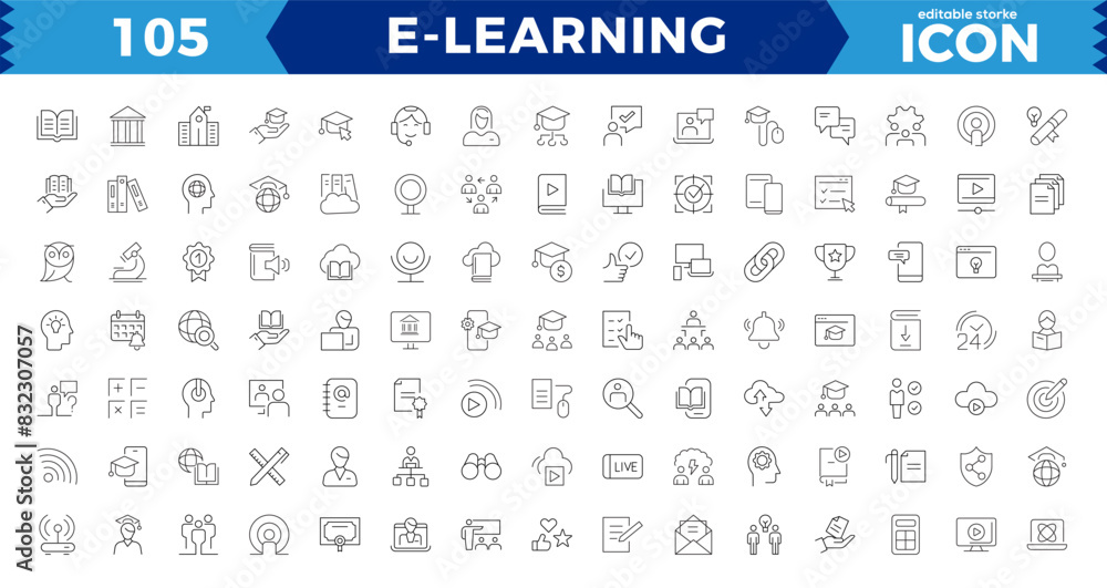 E-learning Pixel Perfect Black and White icon set. Online education ...