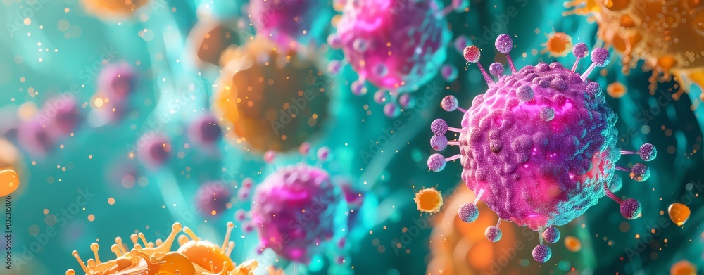 Electron microscope view of violet and pink cancer cells with orange ...