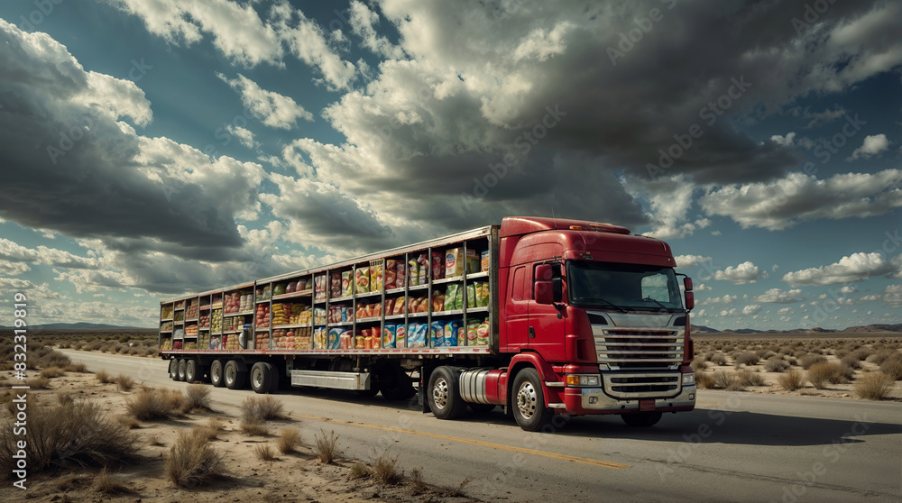 A vibrant red semi-truck transports a trailer filled with grocery goods ...