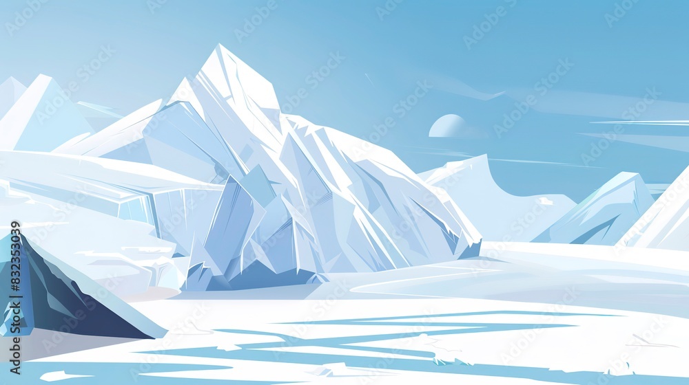 Icy peak brochure flat design side view glacier study theme cartoon drawing Monochromatic Color ...