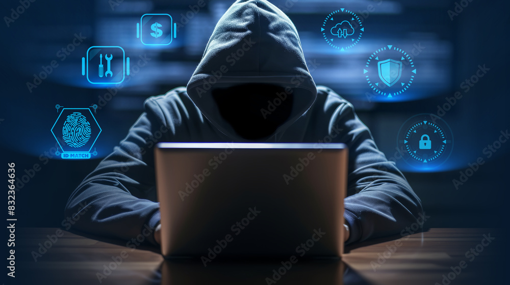 hooded hacker working on a laptop in a dark room. hacker's face is ...