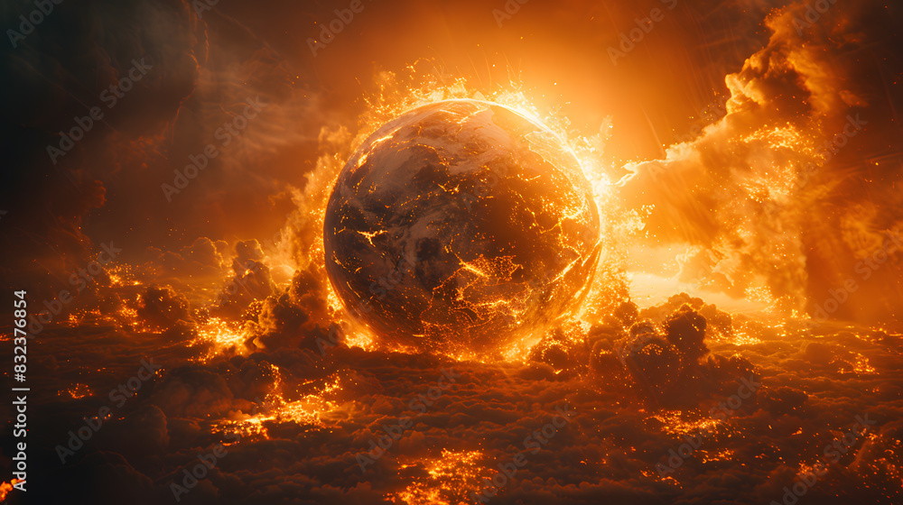 earth globe collapse burning destroyed by fire conceptual illustration ...