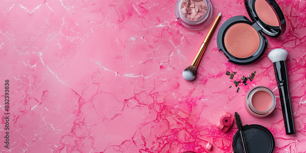 Beauty products makeup cosmetics. Place for text. Pink background, copy ...