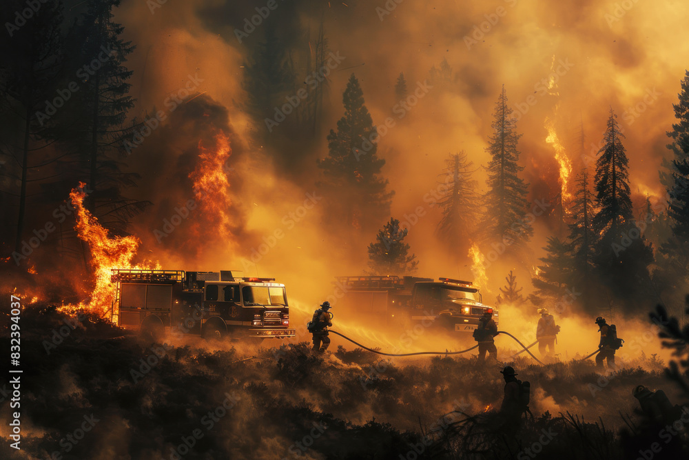 Firefighters battle an intense forest fire, surrounded by flames and ...