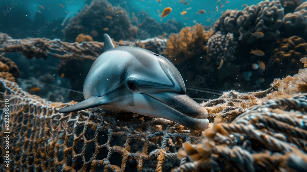 A dolphin is swimming near an underwater fishing net, with fish inside ...