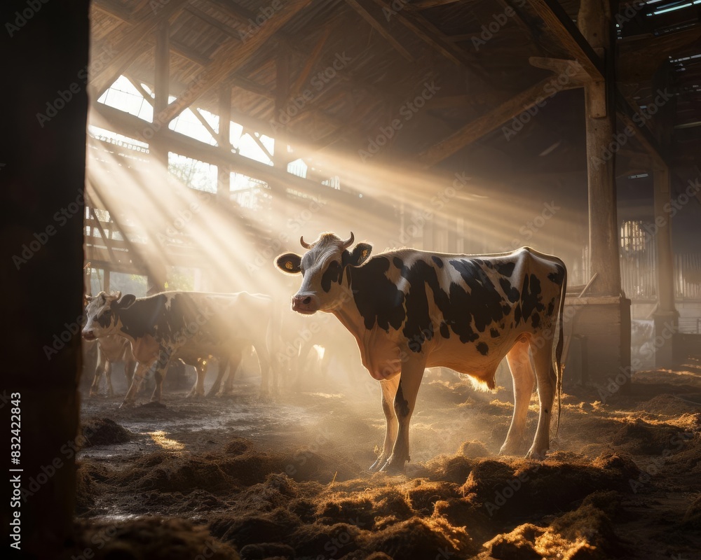Dairy cows in a barn, with sunlight streaming through the windows of ...