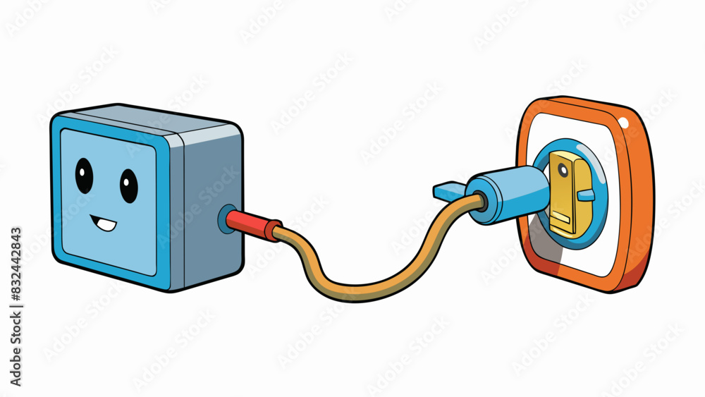 A plug connecting to an outlet The plug has two prongs that fit snugly ...