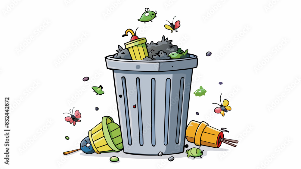 A pile of trash overflowing from a garbage can emitting a pungent odor ...