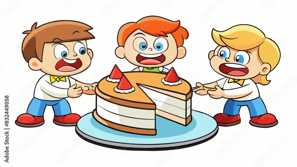 Siblings quarreling over who gets the bigger slice of cake both examining the slices for any ...