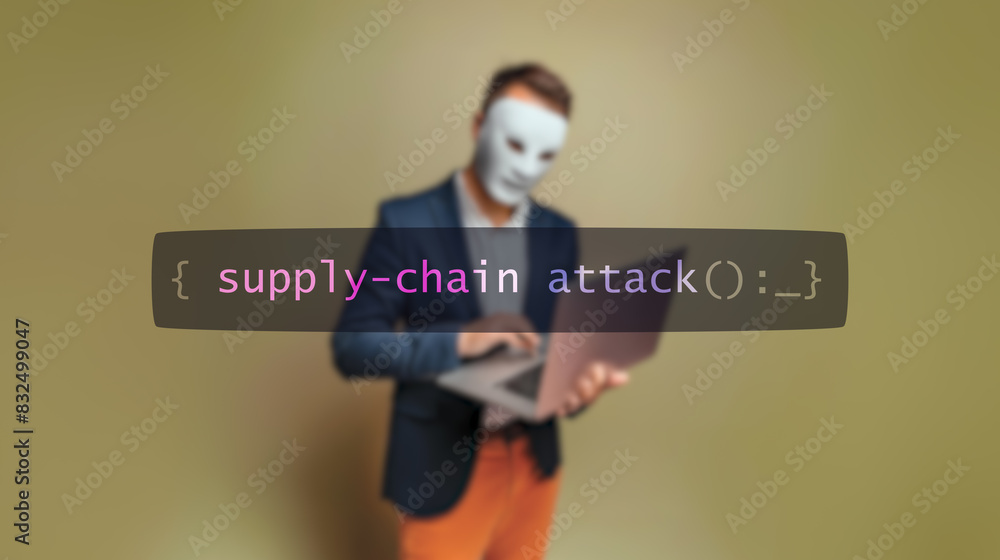 Cybersecurity Concept Supply Chain Attack On Foreground Screen Hacker Silhouette Hidden With
