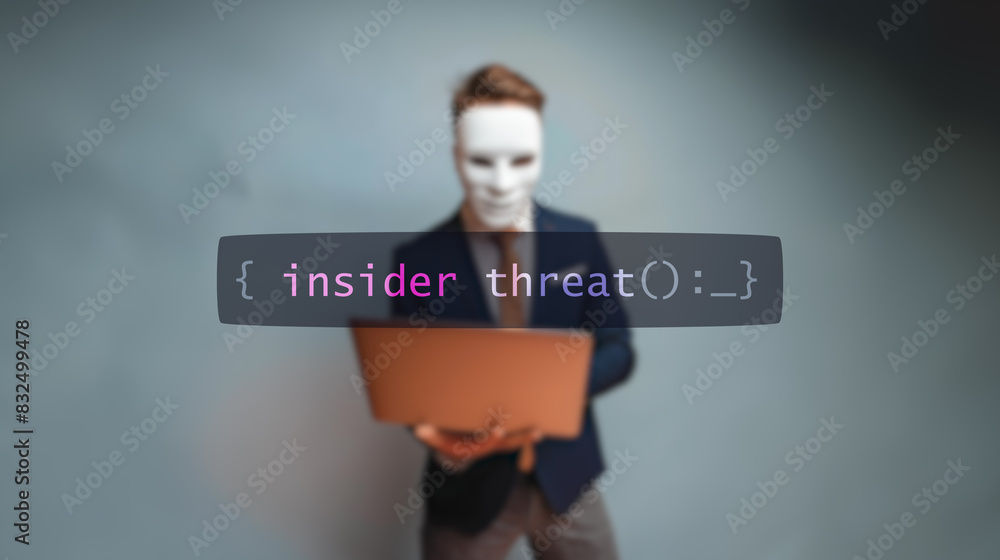 Insider threat cybersecurity concept on foreground screen, hacker silhouette hidden with low ...