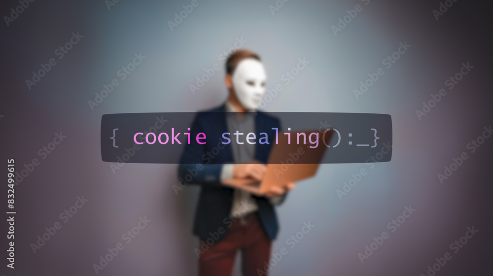 Cybersecurity concept cookie stealing on foreground screen, hacker ...