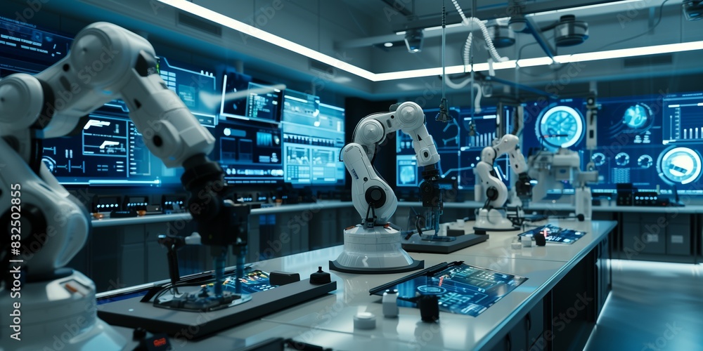 High-tech laboratory with robotic arms, advanced screens, and futuristic equipment, showcasing ...
