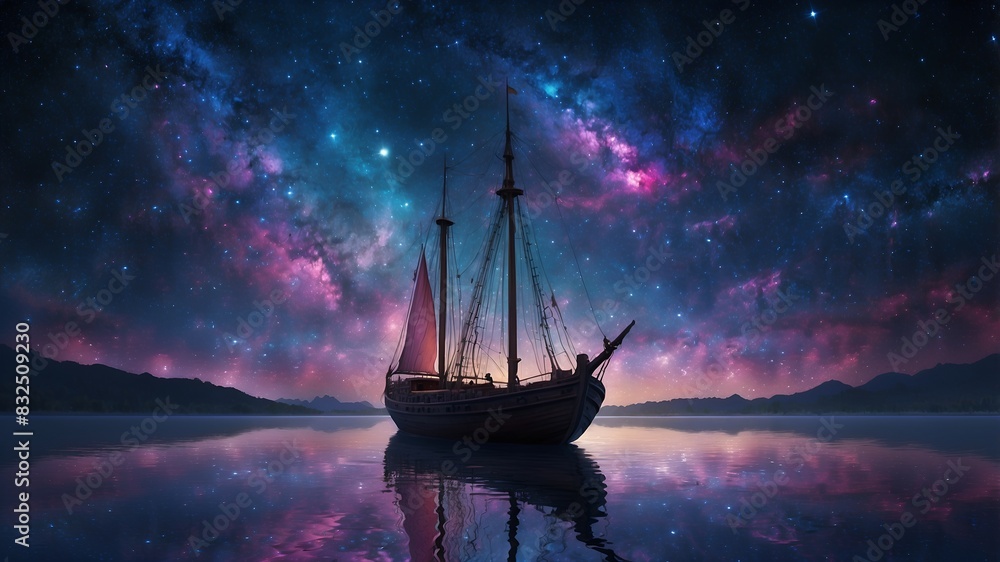 A mesmerizing digital anime depicts a shimmering starry skiff gliding ...