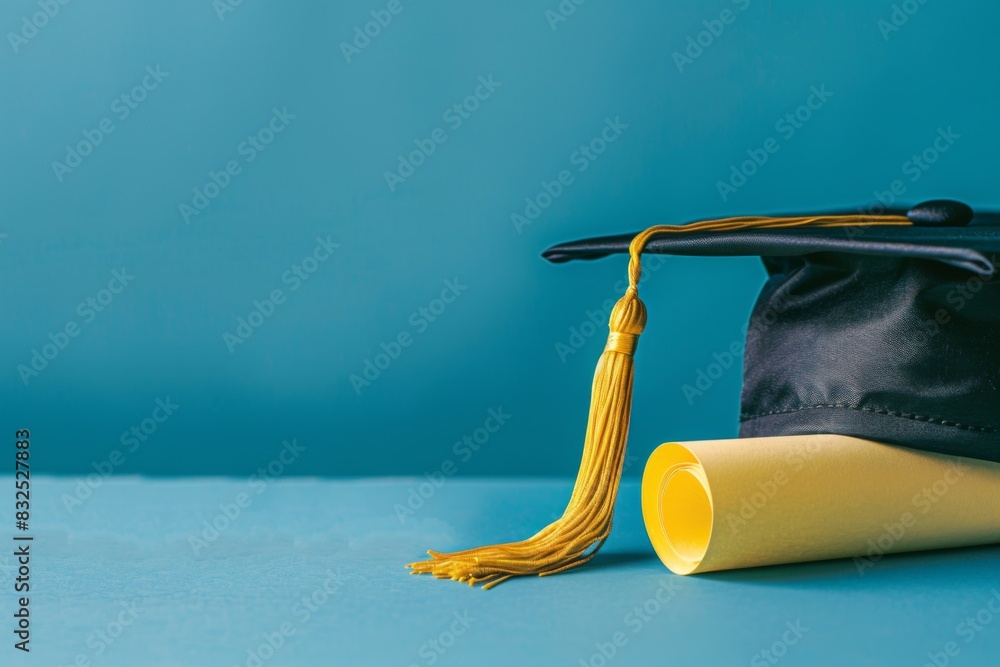 University graduation hat diploma on simple background study year ...