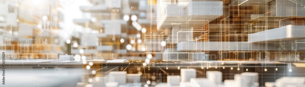 3D schematic of a sustainable building project with architects planning ...