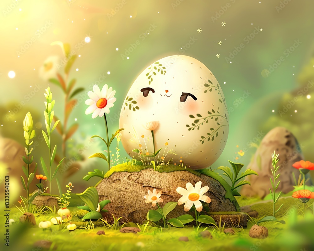 Cute animated egg with a smiling face in a whimsical garden filled with ...