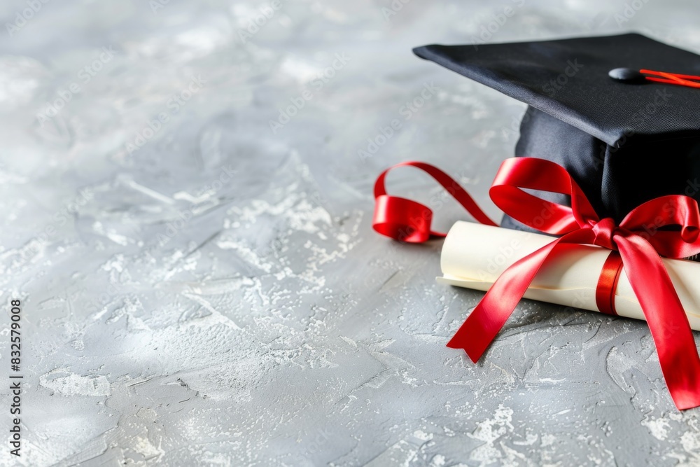 University graduation hat diploma on simple background study year ...