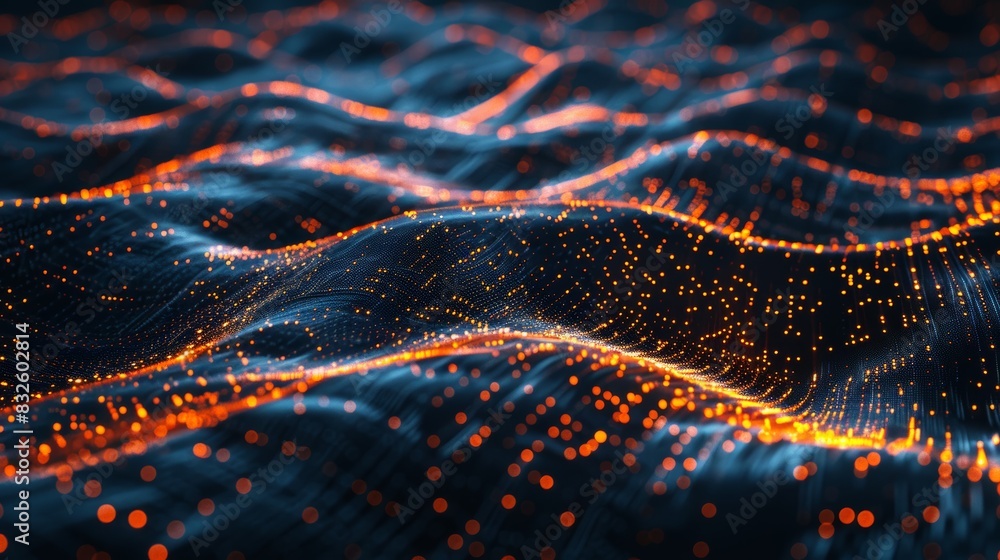 A 3D visualization of a digital grid network, with nodes pulsating with data and lines ...