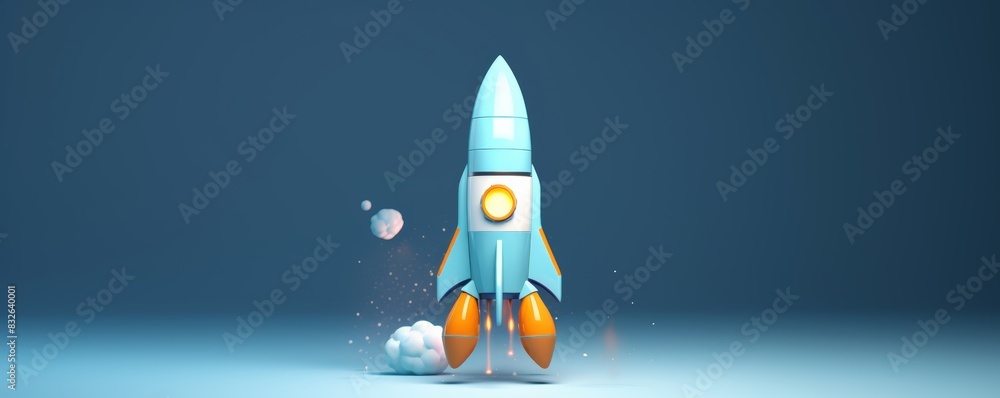 3D rendered image of a cartoon-styled rocket launching with propulsion ...