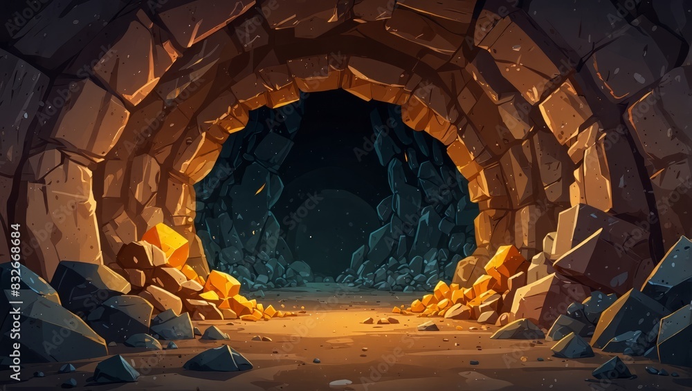 Copper ore mine tunnel inside view, cave entrance with shiny yellow ...