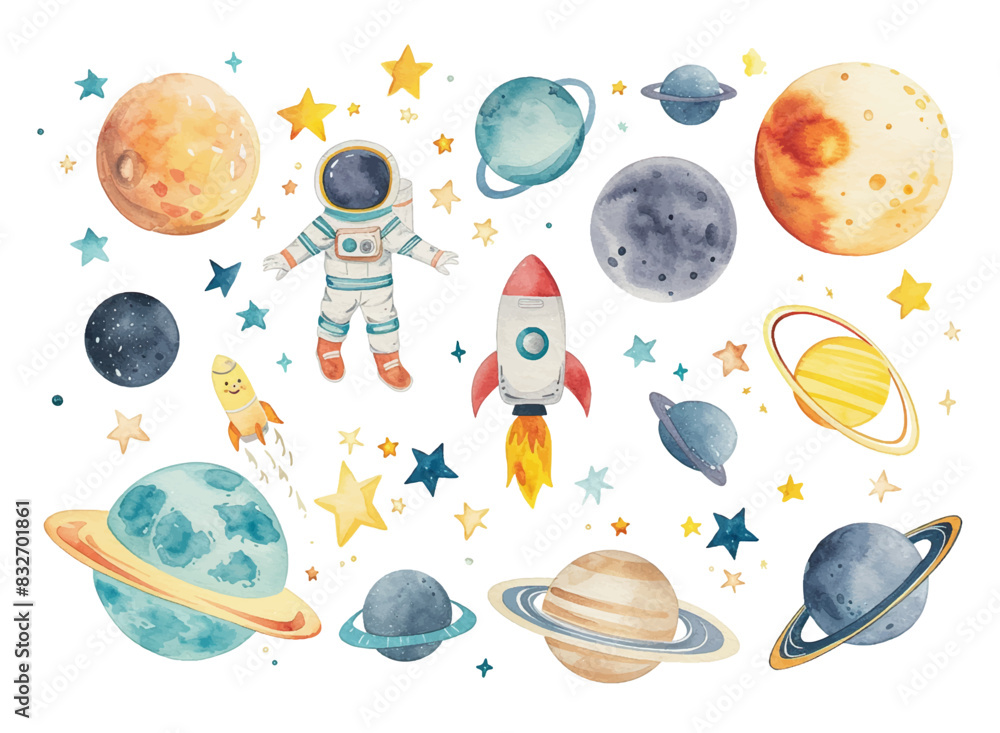 Planets astronaut set watercolor vector space theme element Stock ...