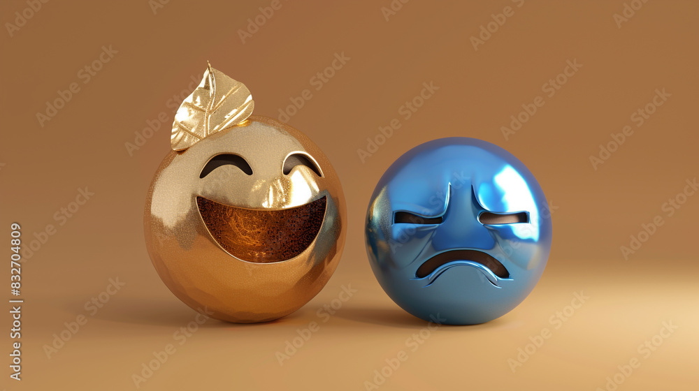 A photorealistic 3D of a gold leaf laughing emoji next to a metallic ...