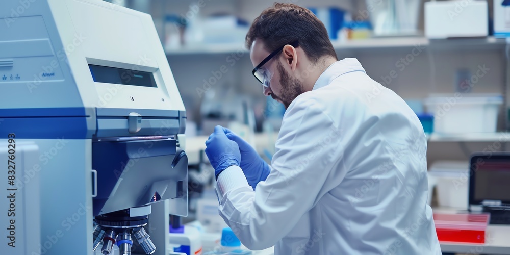 Scientist in the lab, back view, using a thermal cycler for PCR ...