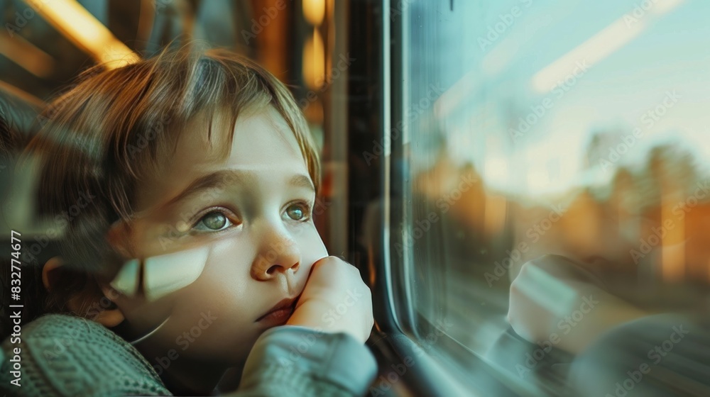 One pensive child leaning on train window. Mirror glass reflection of ...