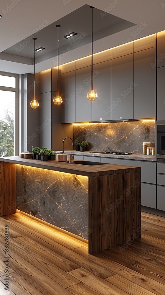 Front view of elegant interior with gray drawers under kitchen cabinet ...