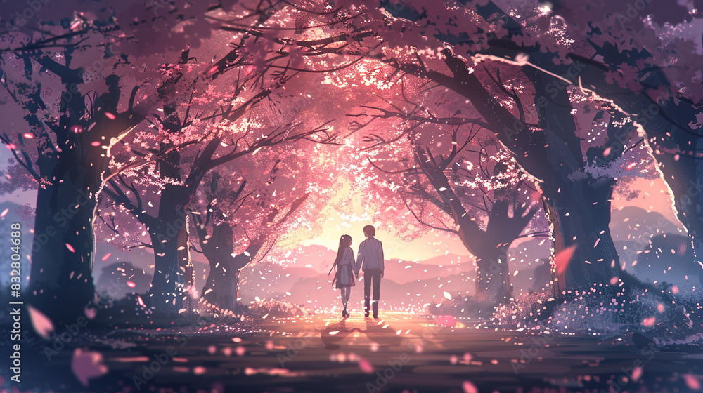 A romantic anime scene with a couple holding hands under cherry blossom ...