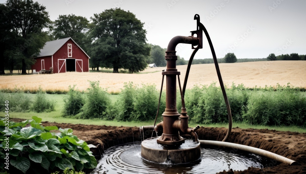 Antique water pump installed over a well with a traditional red barn ...