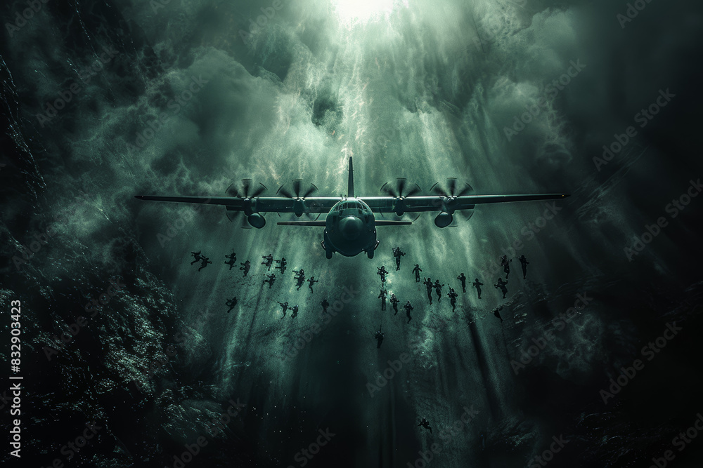 Special forces transport plane dropping elite troops behind enemy lines ...