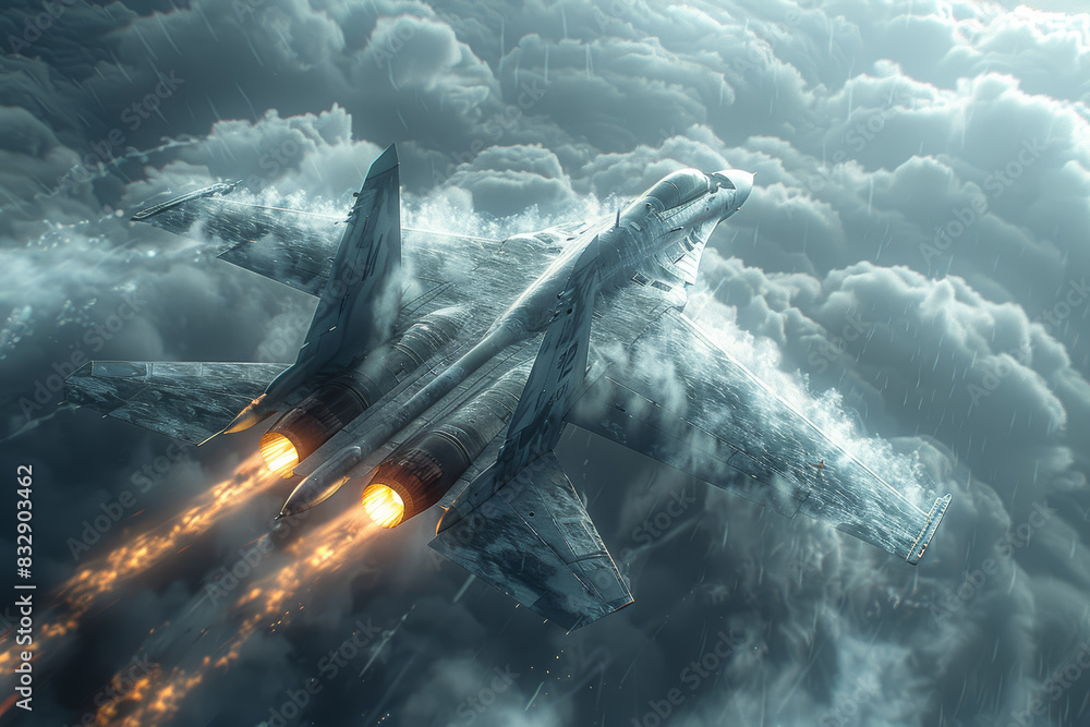 Multi-role fighter jet streaking across the sky, leaving trails of ...