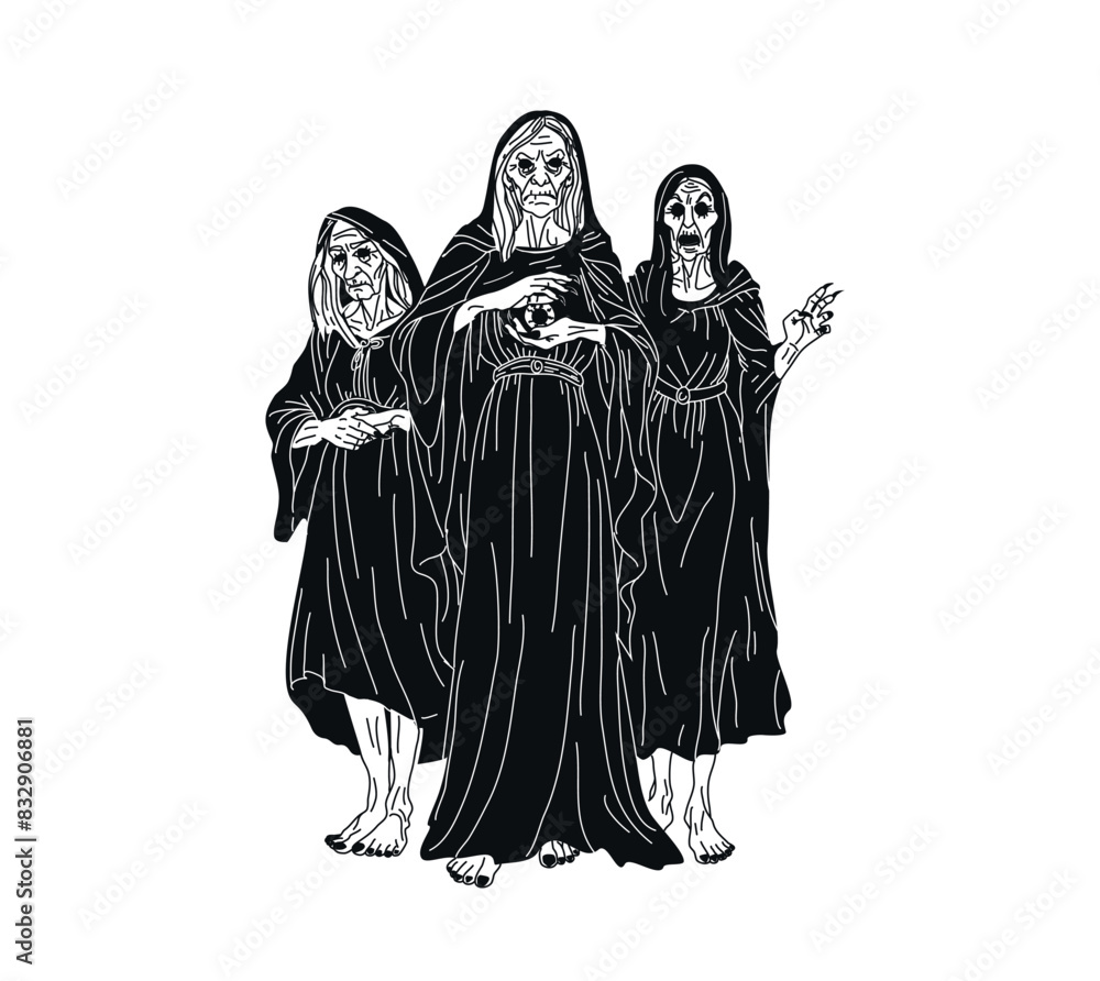 Vector illustration of forkiads. Three blind old women. Mythical ...